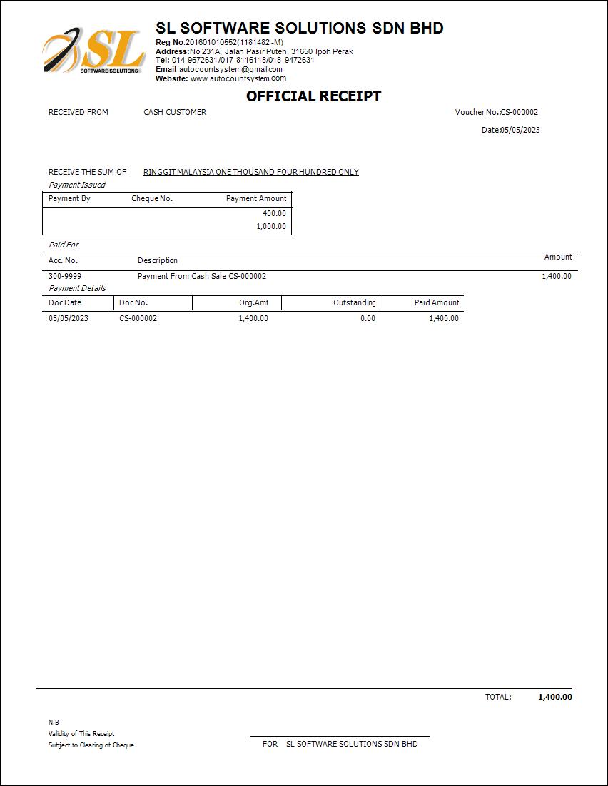 AutoCount Official Receipt Report Template